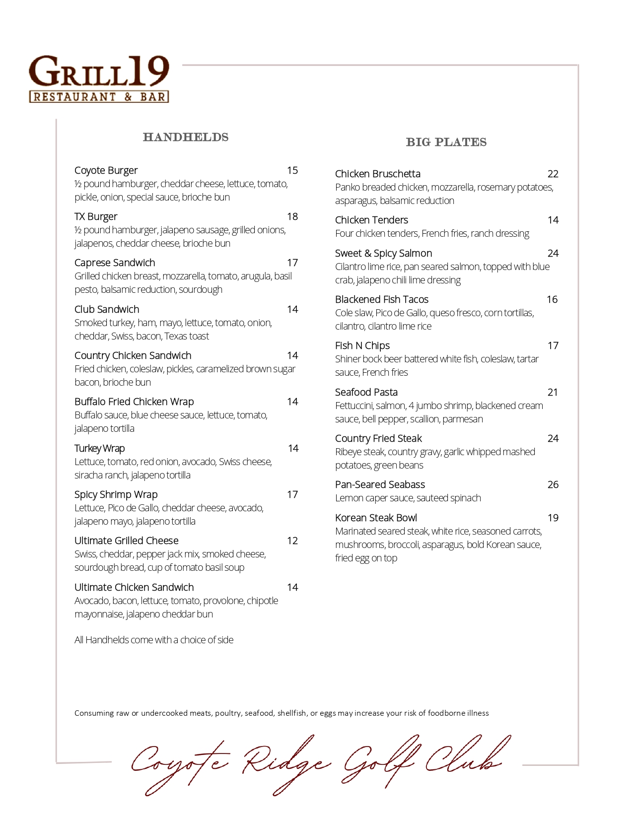 Grill 19 Menu - Coyote Ridge Golf Club