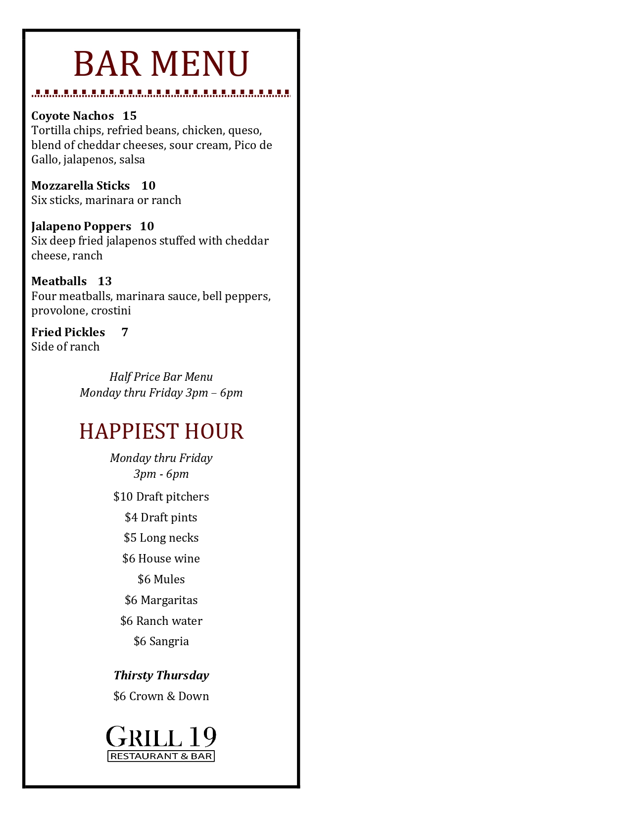 Happy Hour & Bar Menu - Coyote Ridge Golf Club