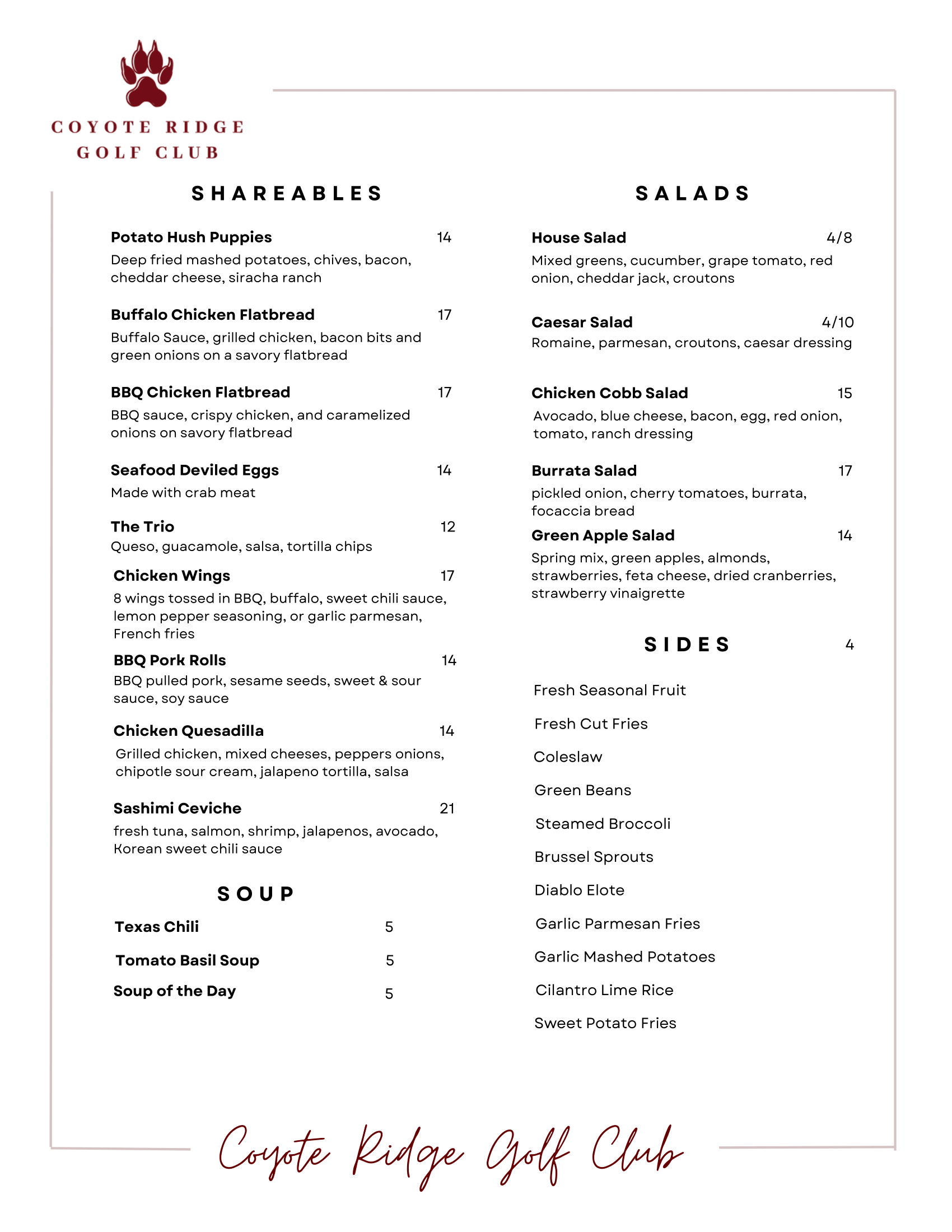 Grill 19 Menu - Coyote Ridge Golf Club